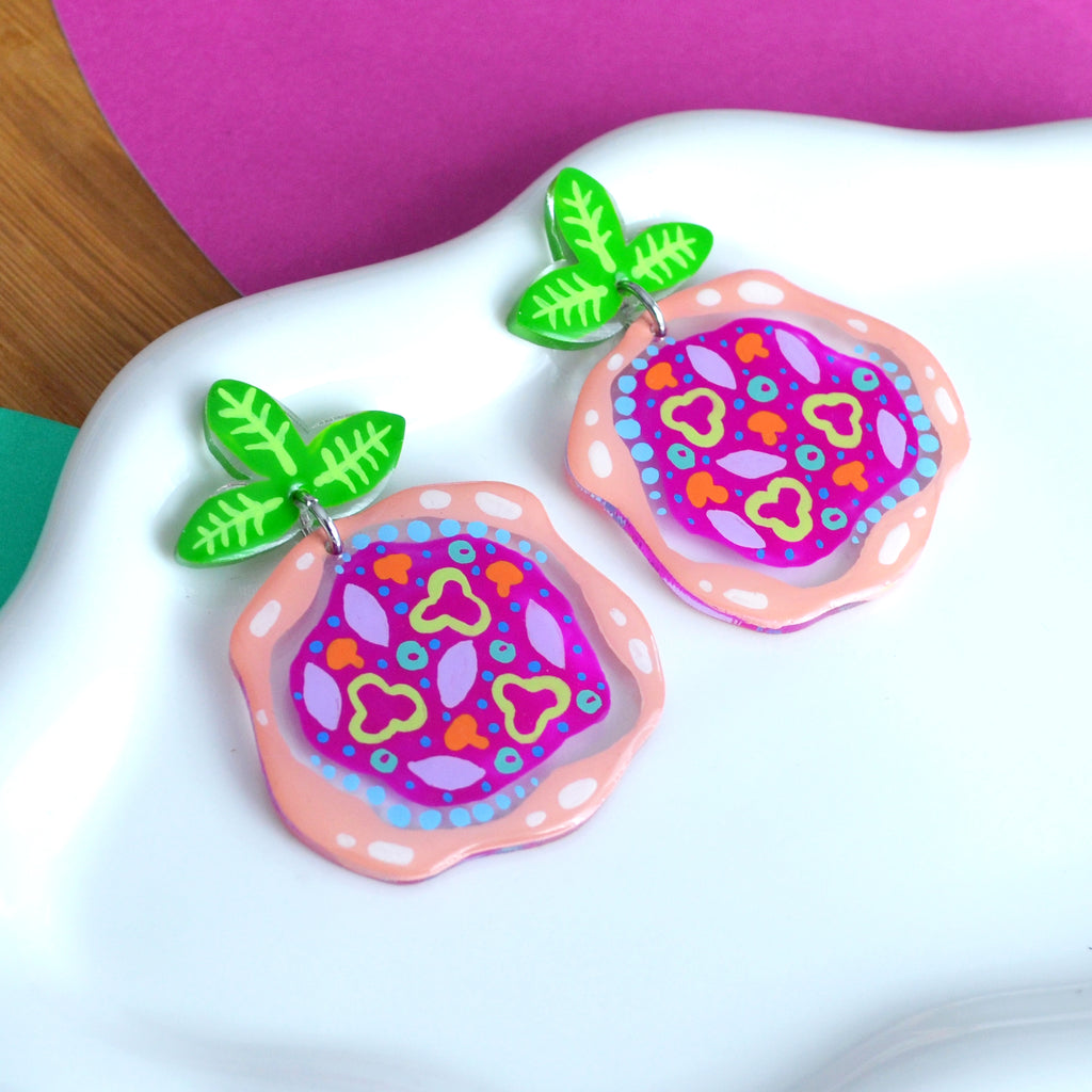 Laser Cut Acrylic Magenta Pizza Earrings with Peppers, Mushrooms and O ...